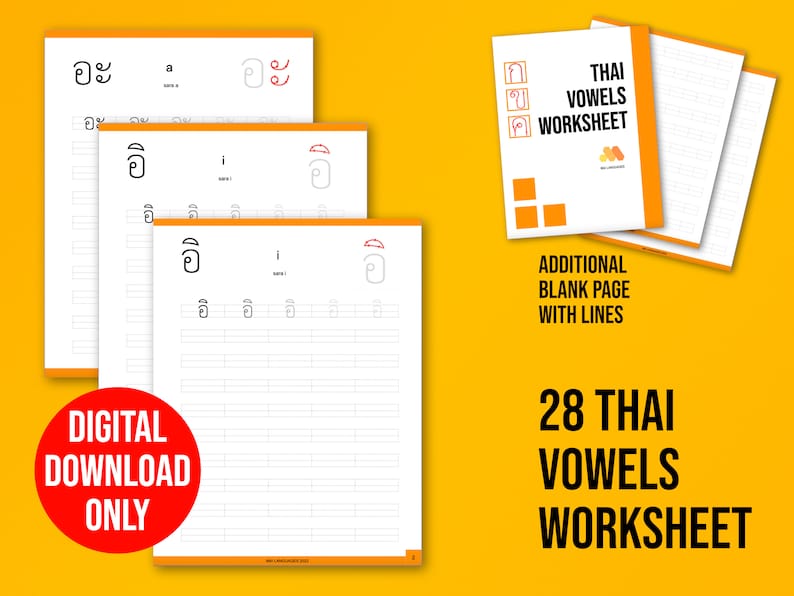 Thai Alphabets, Thai Vowels Practice Worksheet Printable, Workbook ...