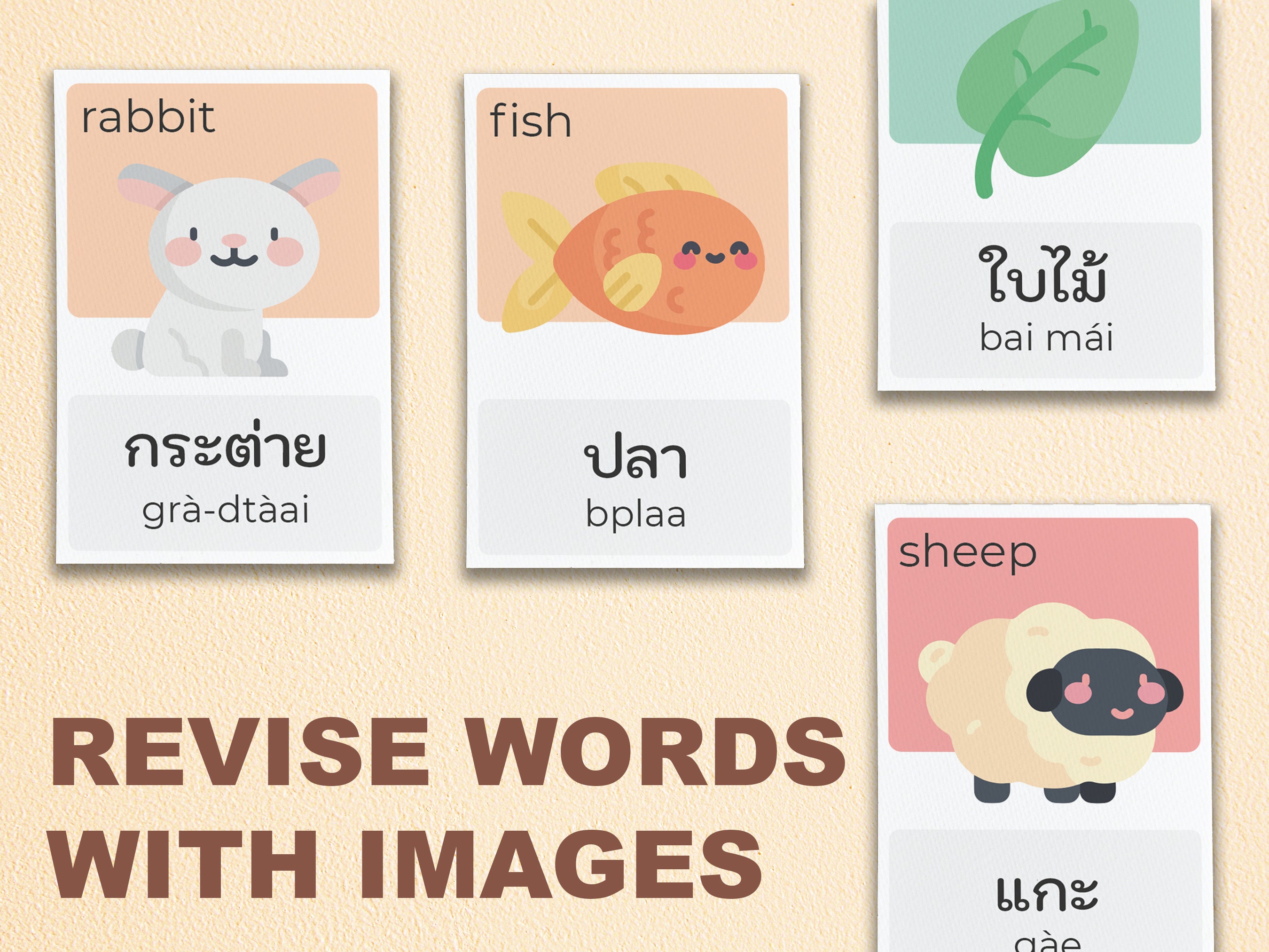 Thai Printable Three-part Flashcard, Animal and Nature Set, 40 Thai ...