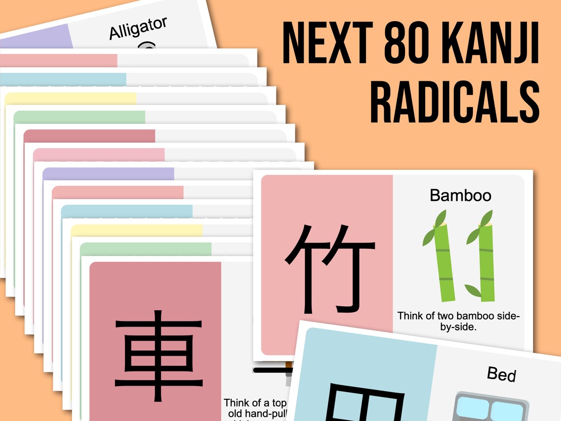 Japanese Kanji Radicals Flashcards Mnemonics Part II Learn - Etsy