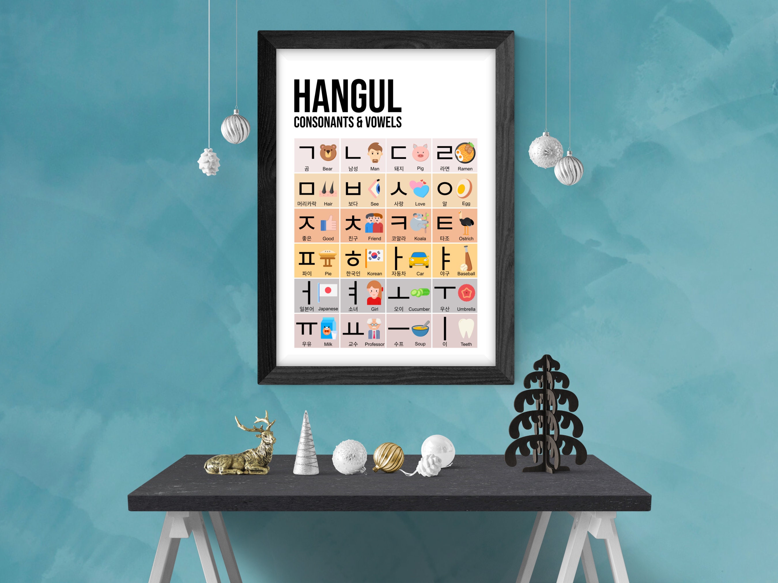 Printable Korean Hangul Flat Design Art Print, Hangul Consonants Vowels ...