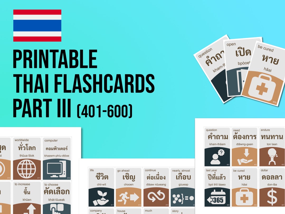 Thai Common Words Part III, 401-600 Flash Cards, Learn Thai With ...