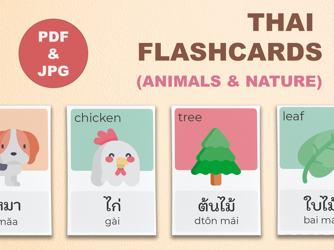 Thai Printable Three-part Flashcard, Animal and Nature Set, 40 Thai ...