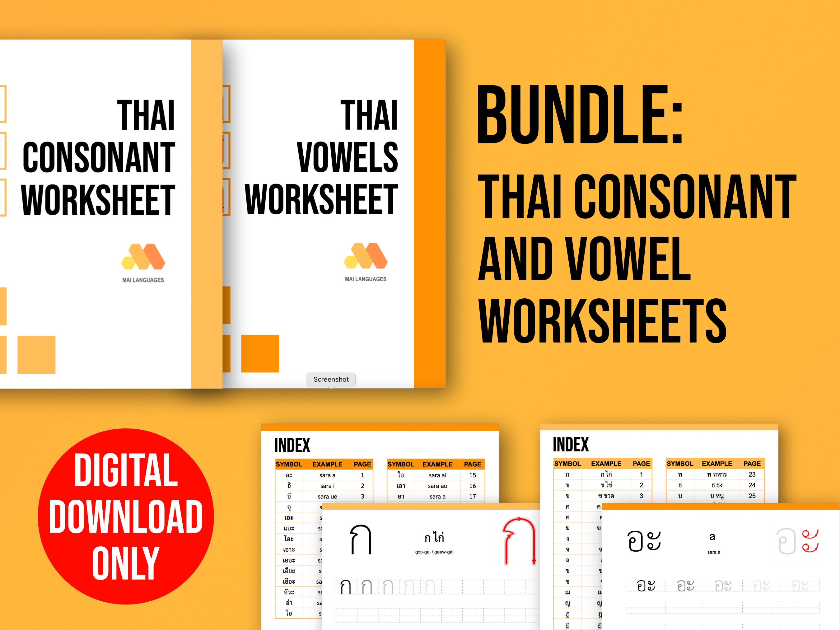 Bundle Thai Consonants and Vowels Practice Worksheet Printable ...