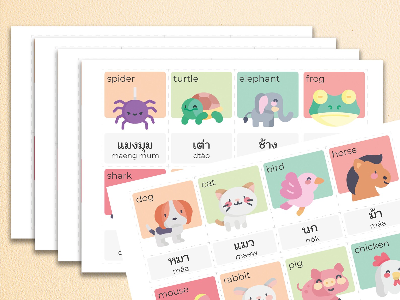 Thai Printable Three-part Flashcard, Animal and Nature Set, 40 Thai ...
