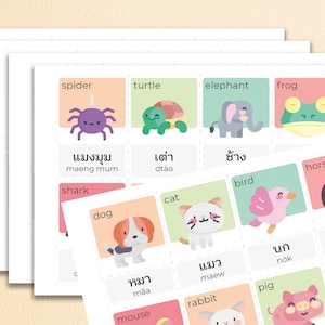 Thai Printable Three-part Flashcard, Animal and Nature Set, 40 Thai ...