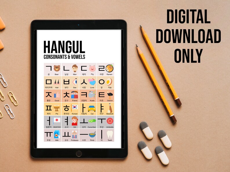 Printable Korean Hangul Flat Design Art Print, Hangul Consonants Vowels ...