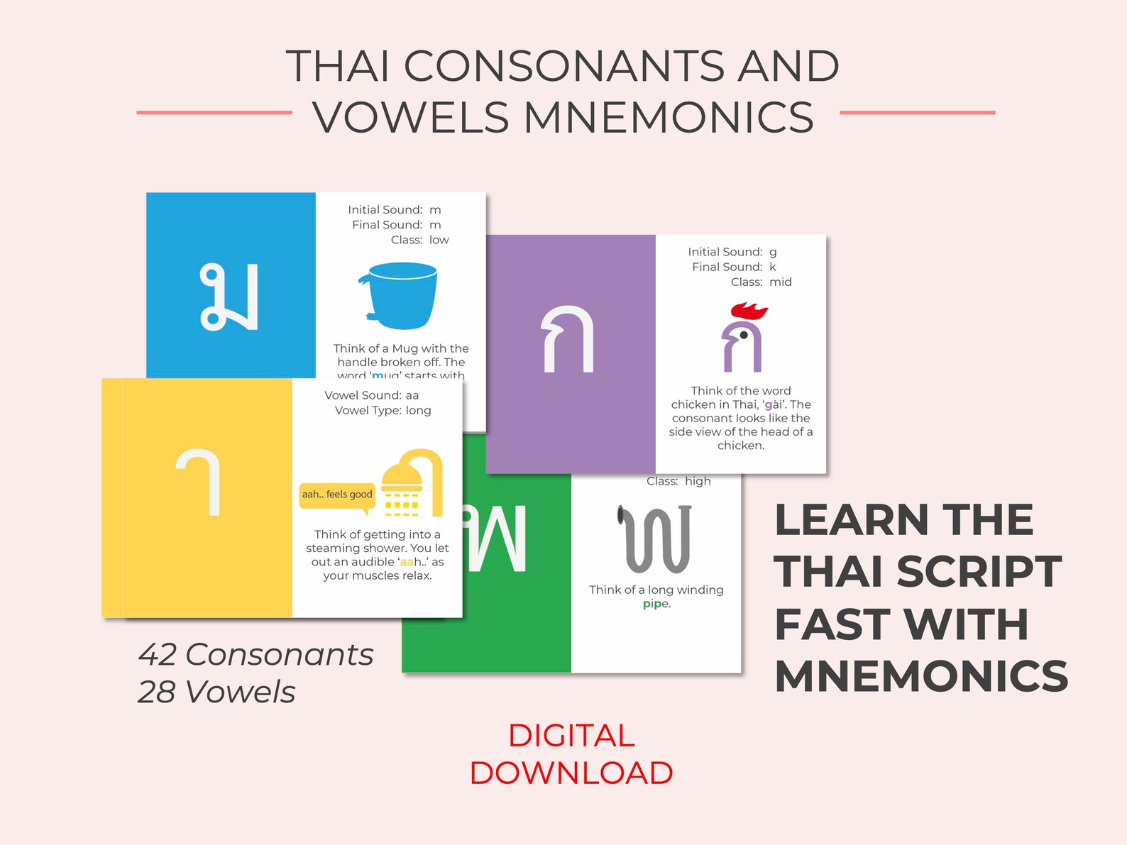 Digital Thai Flashcards Consonants and Vowels Mnemonics 42 | Etsy