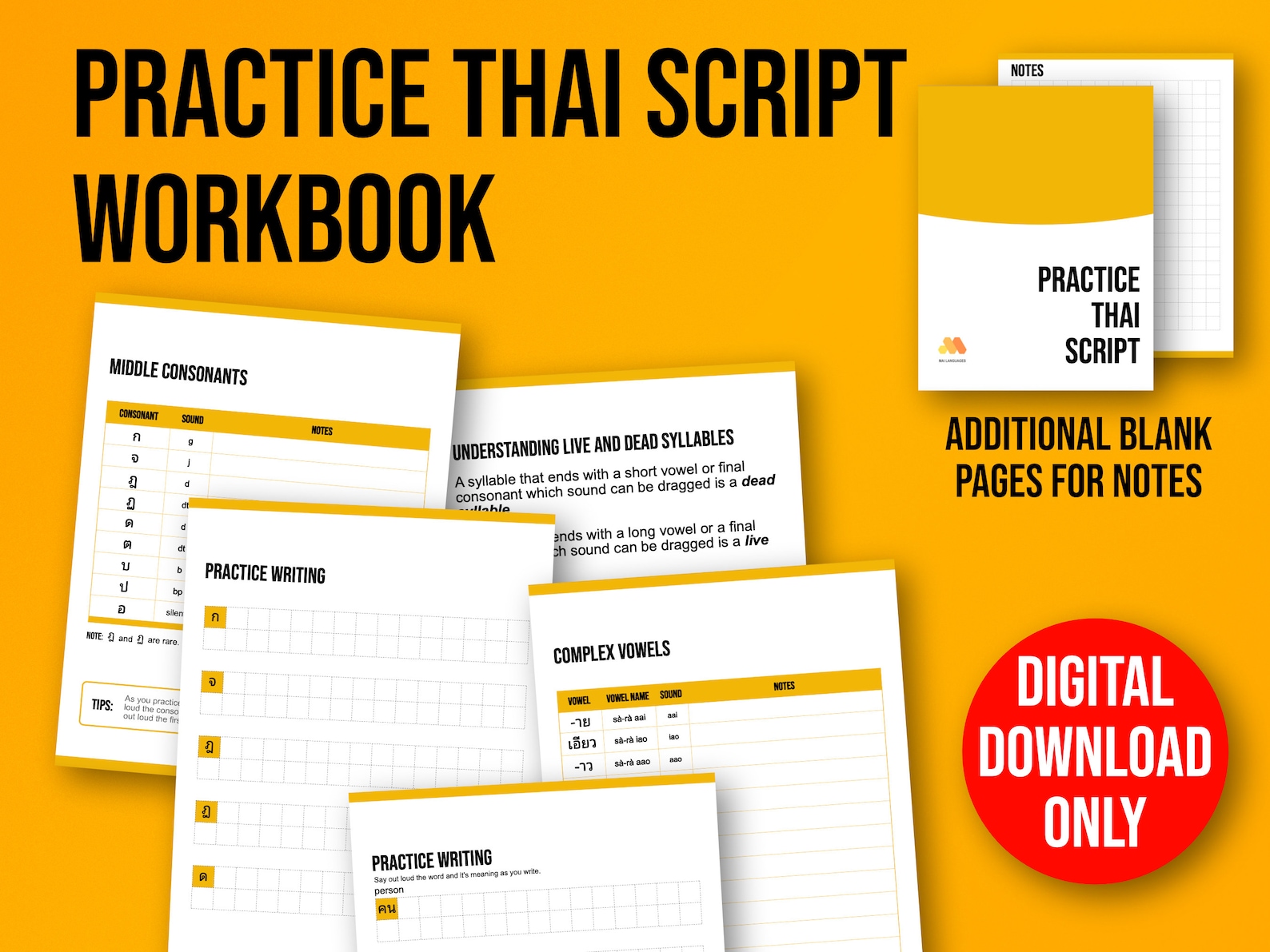Printable Practice Thai Script Workbook, Learn Thai Consonants Vowels ...