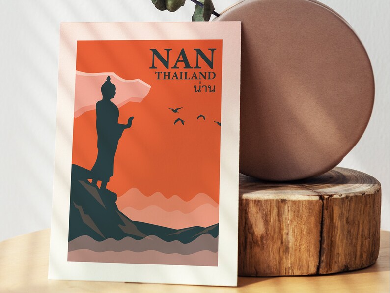 Retro Thailand Art Print: Nan Travel Poster, Silhouette Buddha (digital ...