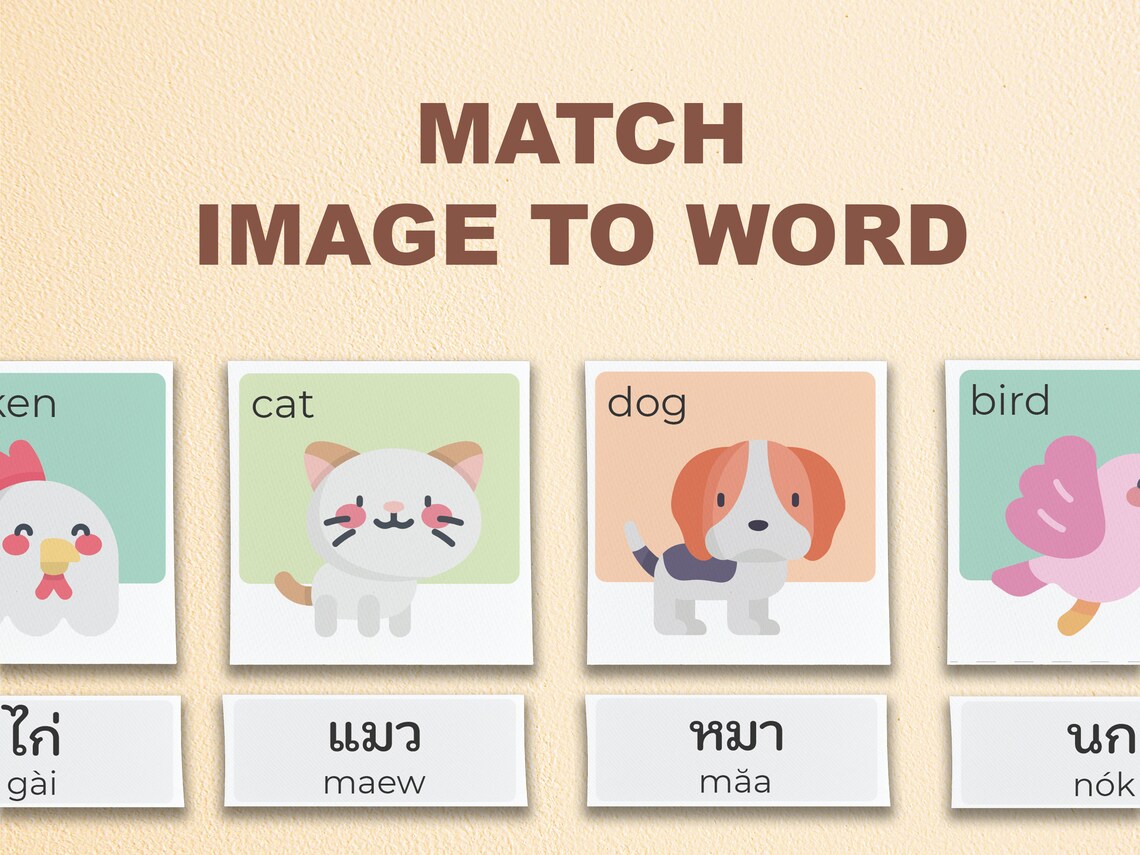 Thai Printable Three-part Flashcard, Animal and Nature Set, 40 Thai ...