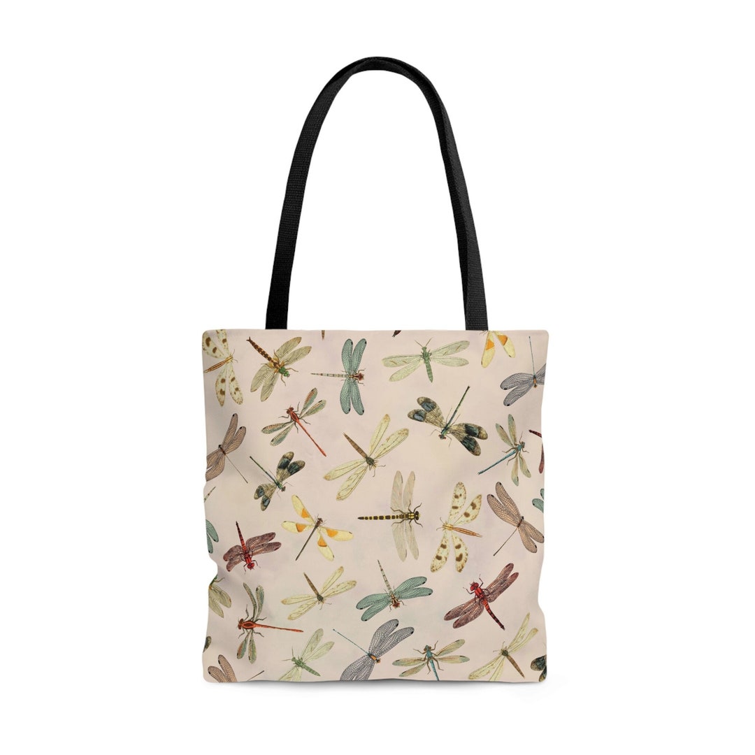 Dragonfly Tote Bag Vintage Watercolor Dragonfly Pattern Bag With Black ...