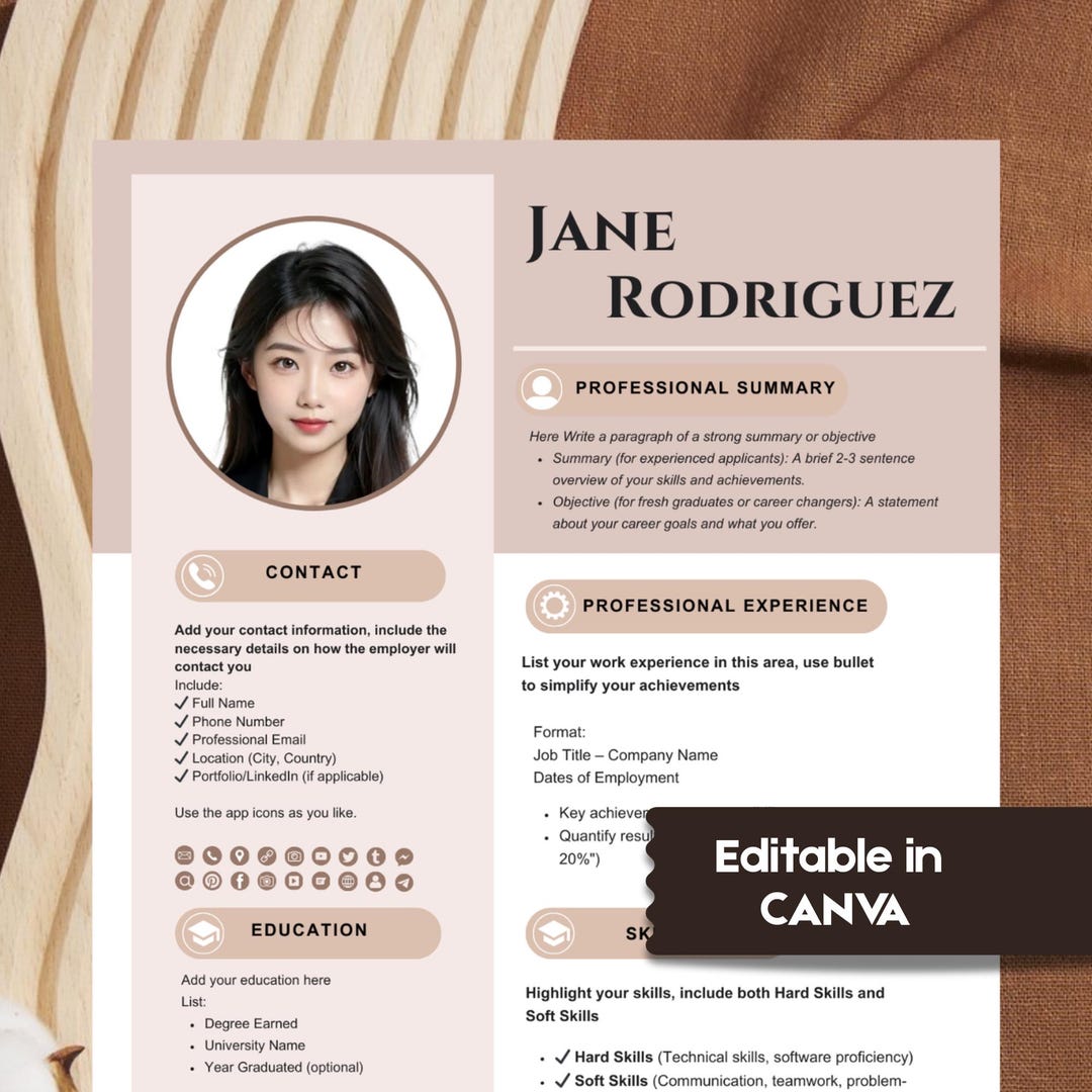 Resume Template for Canva | Professional CV | Beige & Brown Editable ...