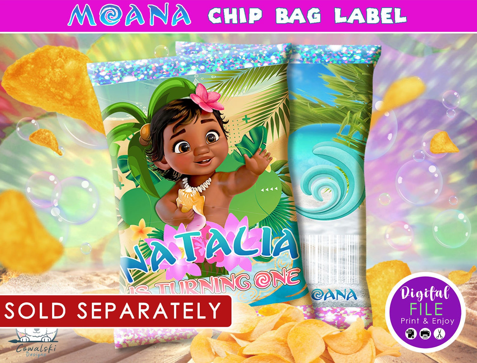 Baby Moana Round Sticker Birthday Party Favor Tags Baby Moana 3.5 Inch ...