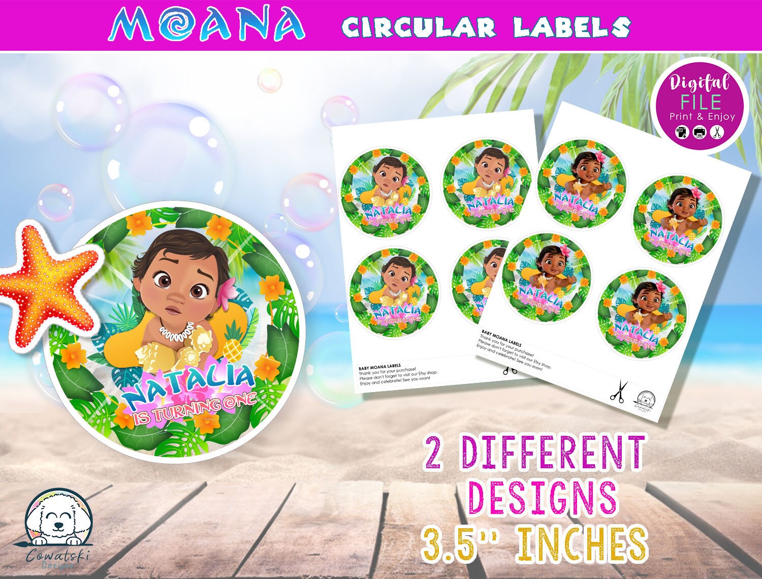 Baby Moana Round Sticker Birthday Party Favor Tags Baby Moana 3.5 Inch ...