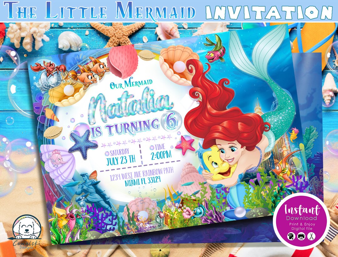 Little Mermaid Digital Invitation, Little Mermaid Birthday Invitation ...