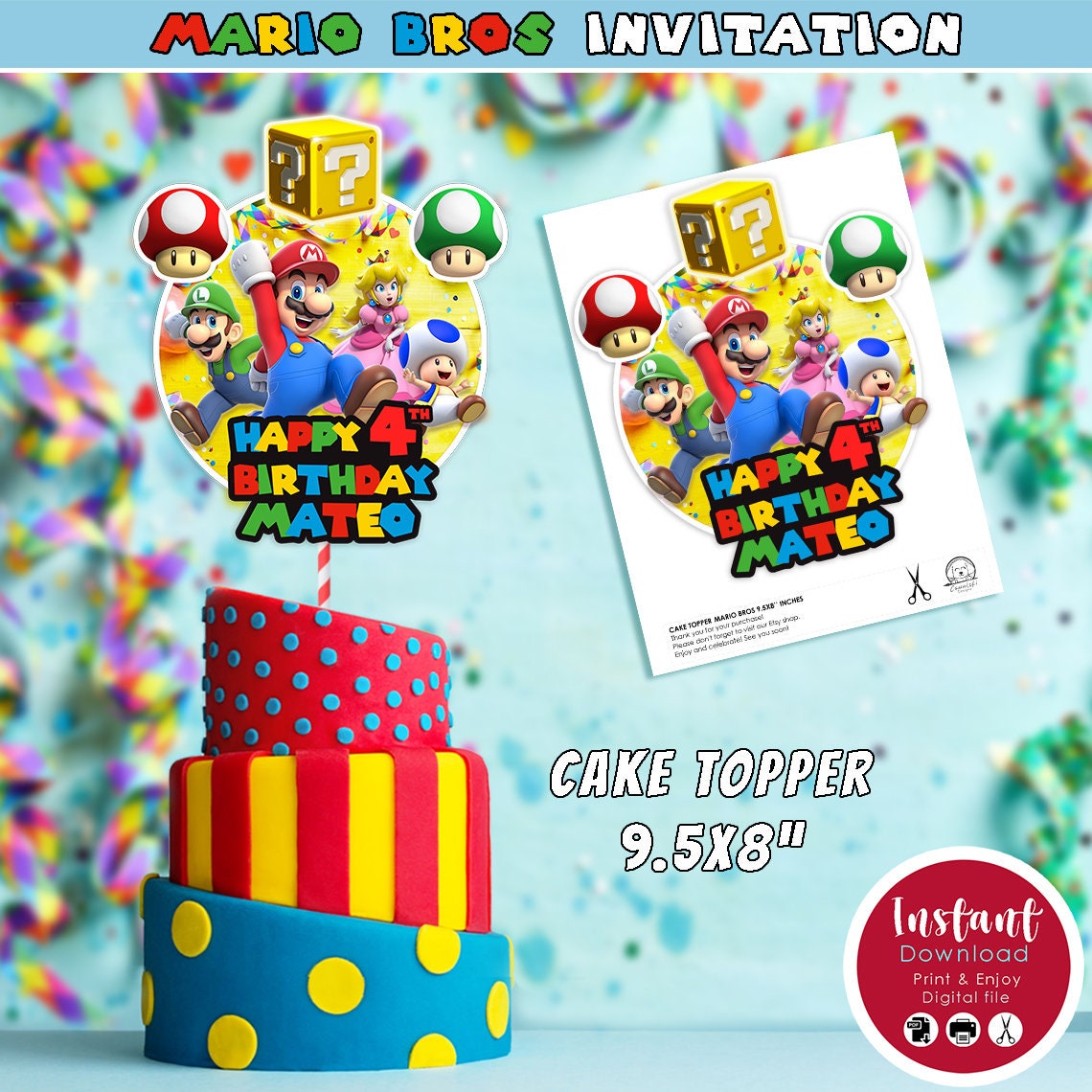Super Mario Bros Cake Topper, DIGITAL, Mario Bros Cake Topper, Mario ...
