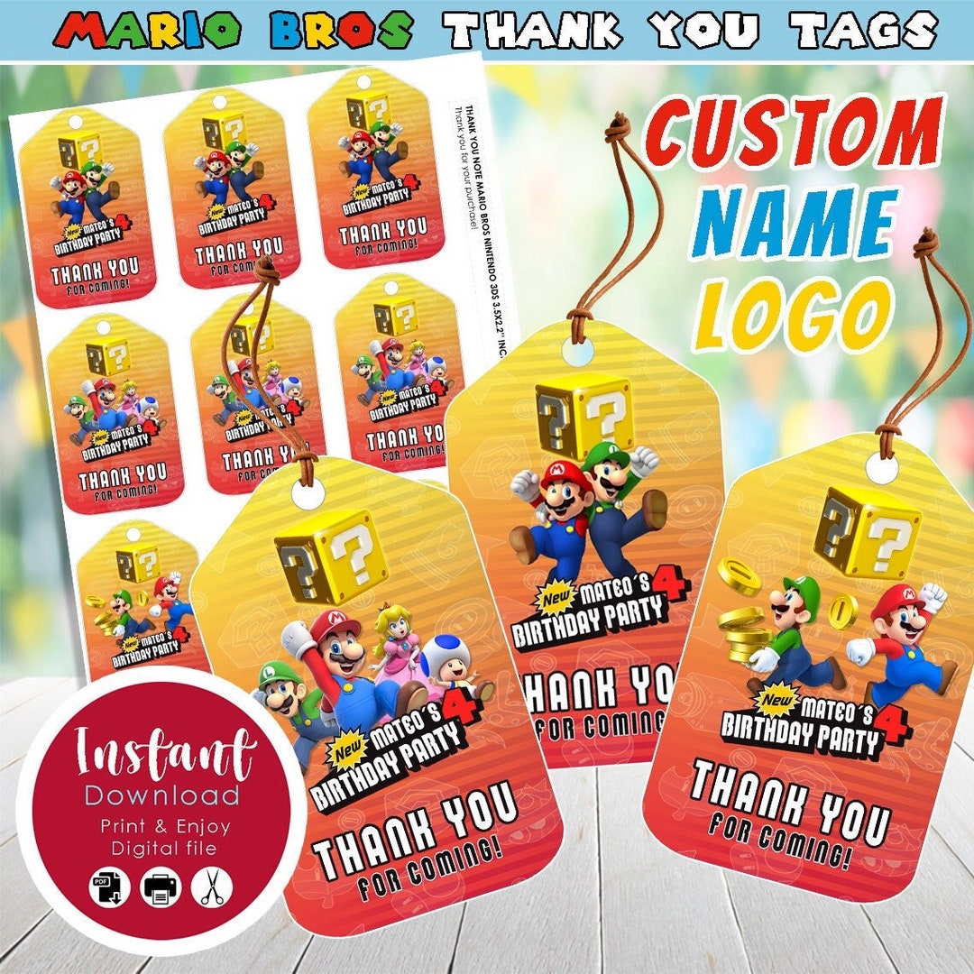 Super Mario Bros Favor Tags, Mario Bros Thank You Tags, Mario Bros ...