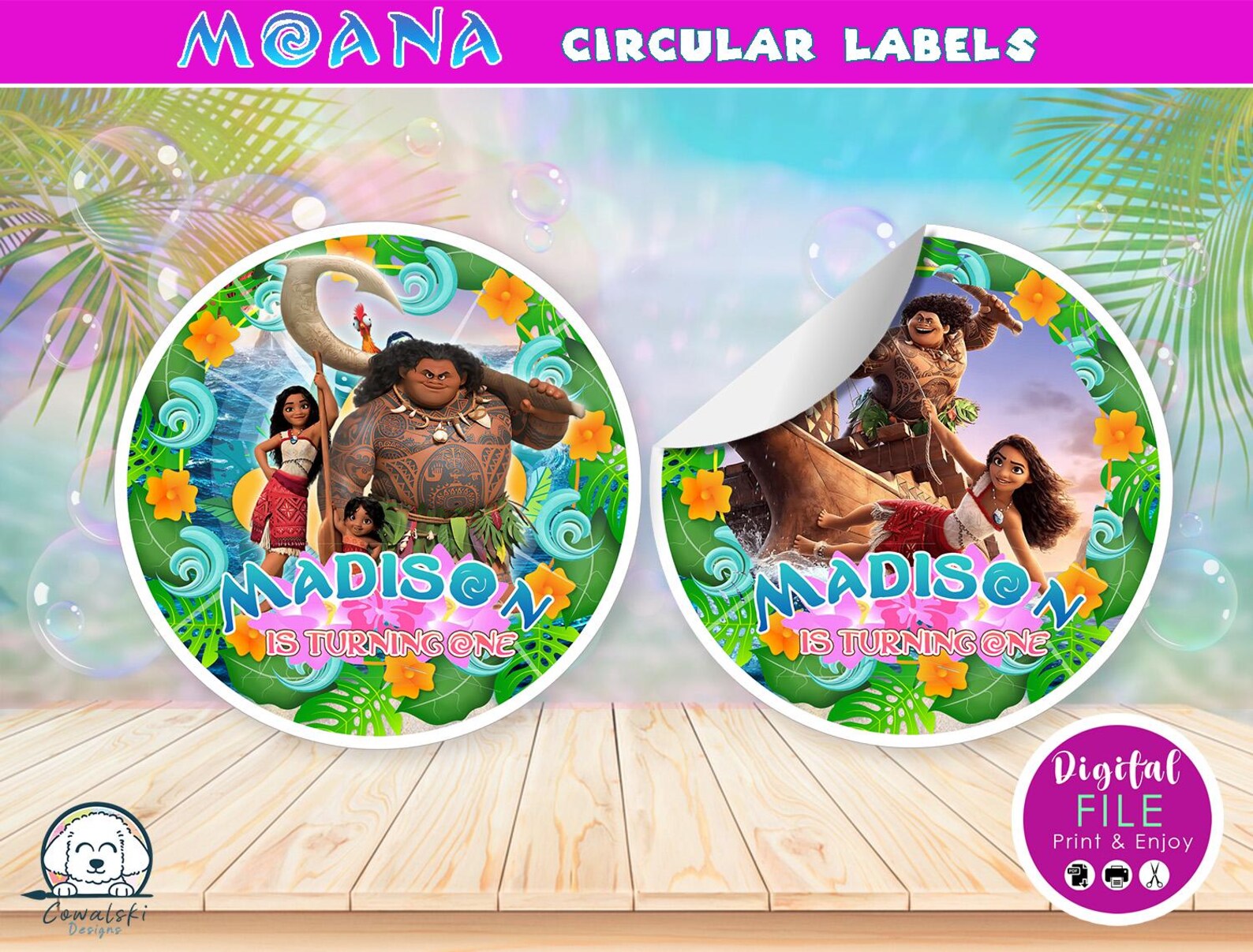 Moana Round Sticker, Birthday Party Favor Tags, Moana 3.5 Inch Circle ...