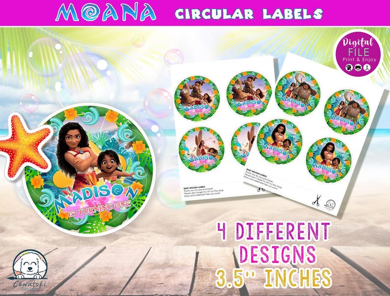 Moana Round Sticker, Birthday Party Favor Tags, Moana 3.5 Inch Circle ...