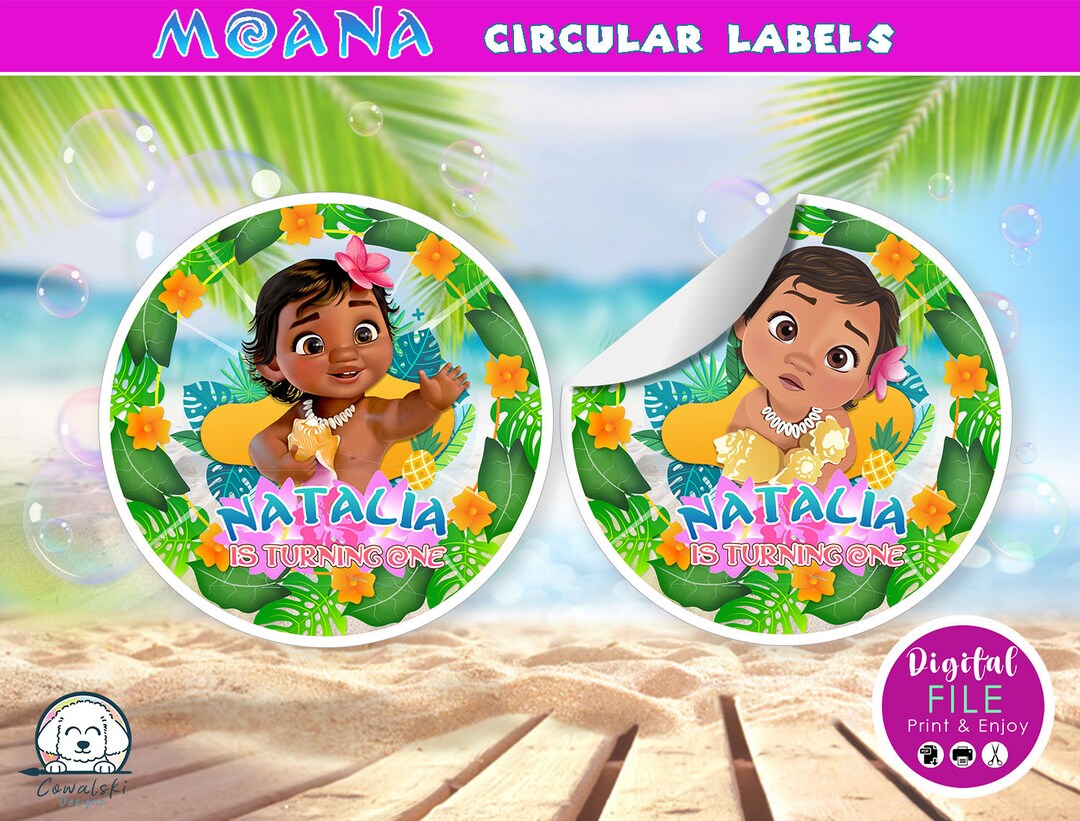 Baby Moana Round Sticker Birthday Party Favor Tags Baby Moana 3.5 Inch ...