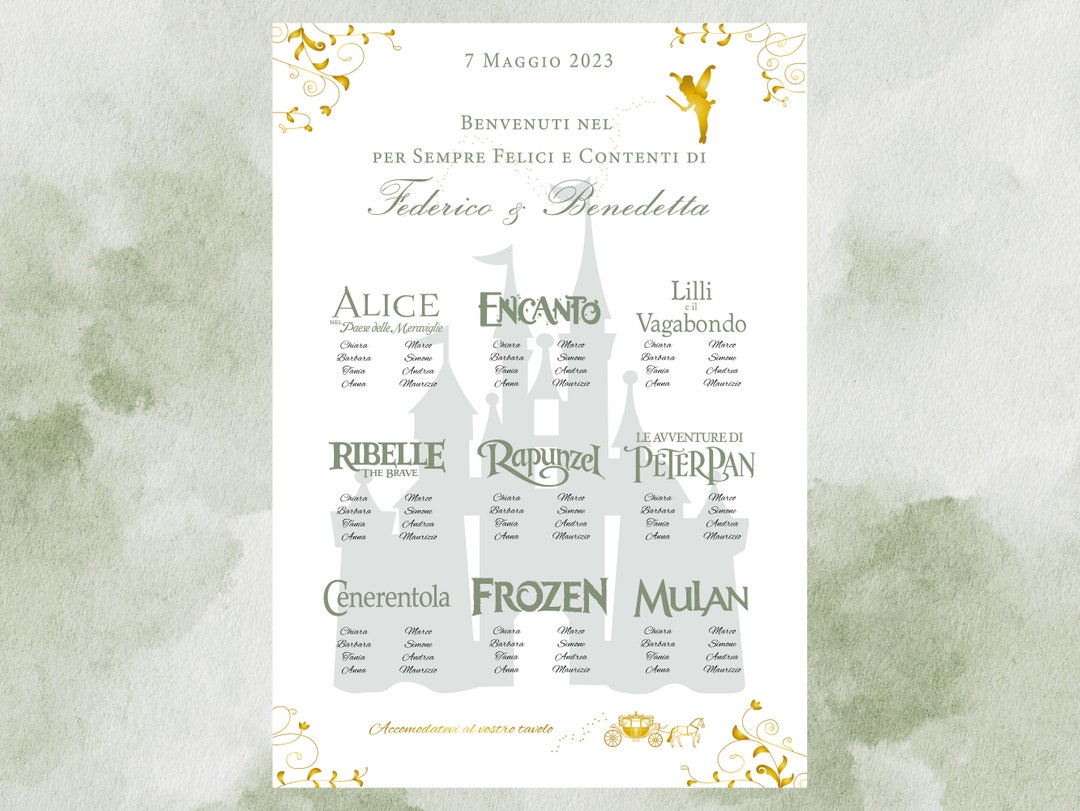 Disney Wedding Table Plan With Place Cards GREEN/GOLD Version - PDF - Etsy