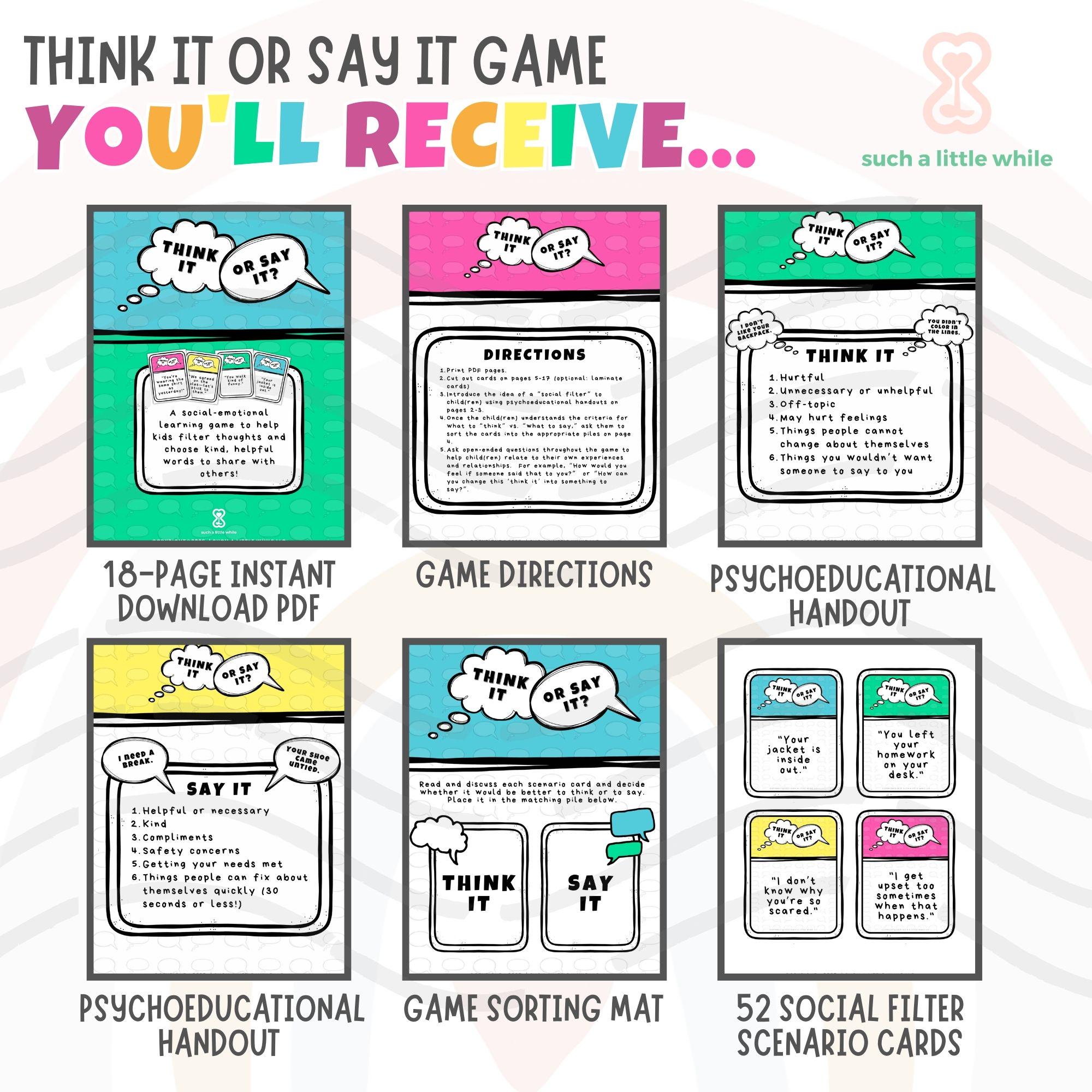 Think It or Say It Social Filter Activity & Kids Game PDF (50 ...