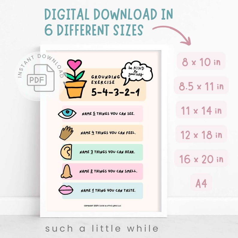 54321 Grounding PDF Exercise for Kids Poster | 5 Senses Grounding ...
