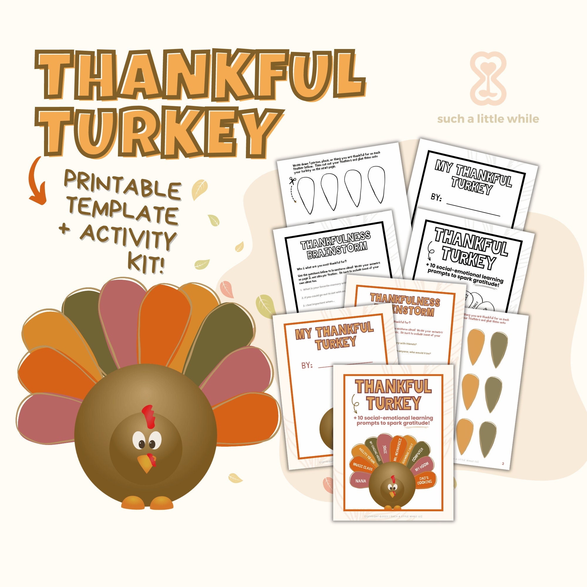 Thankful Turkey Printable Activity Kit PDF With Thanksgiving Gratitude ...