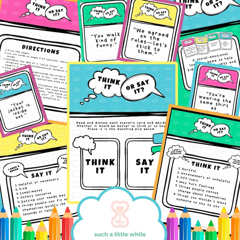 Think It or Say It Social Filter Activity & Kids Game PDF (50 ...