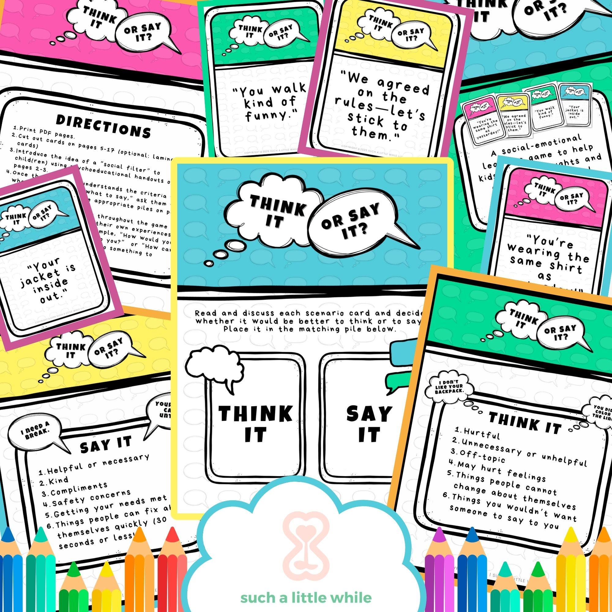 Think It or Say It Social Filter Activity & Kids Game PDF (50 ...