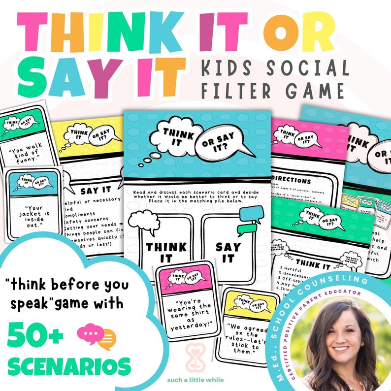 Think It or Say It Social Filter Activity & Kids Game PDF (50 ...