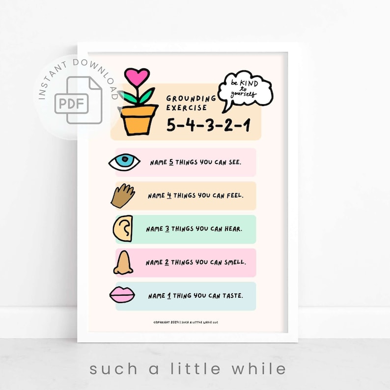 54321 Grounding PDF Exercise for Kids Poster | 5 Senses Grounding ...
