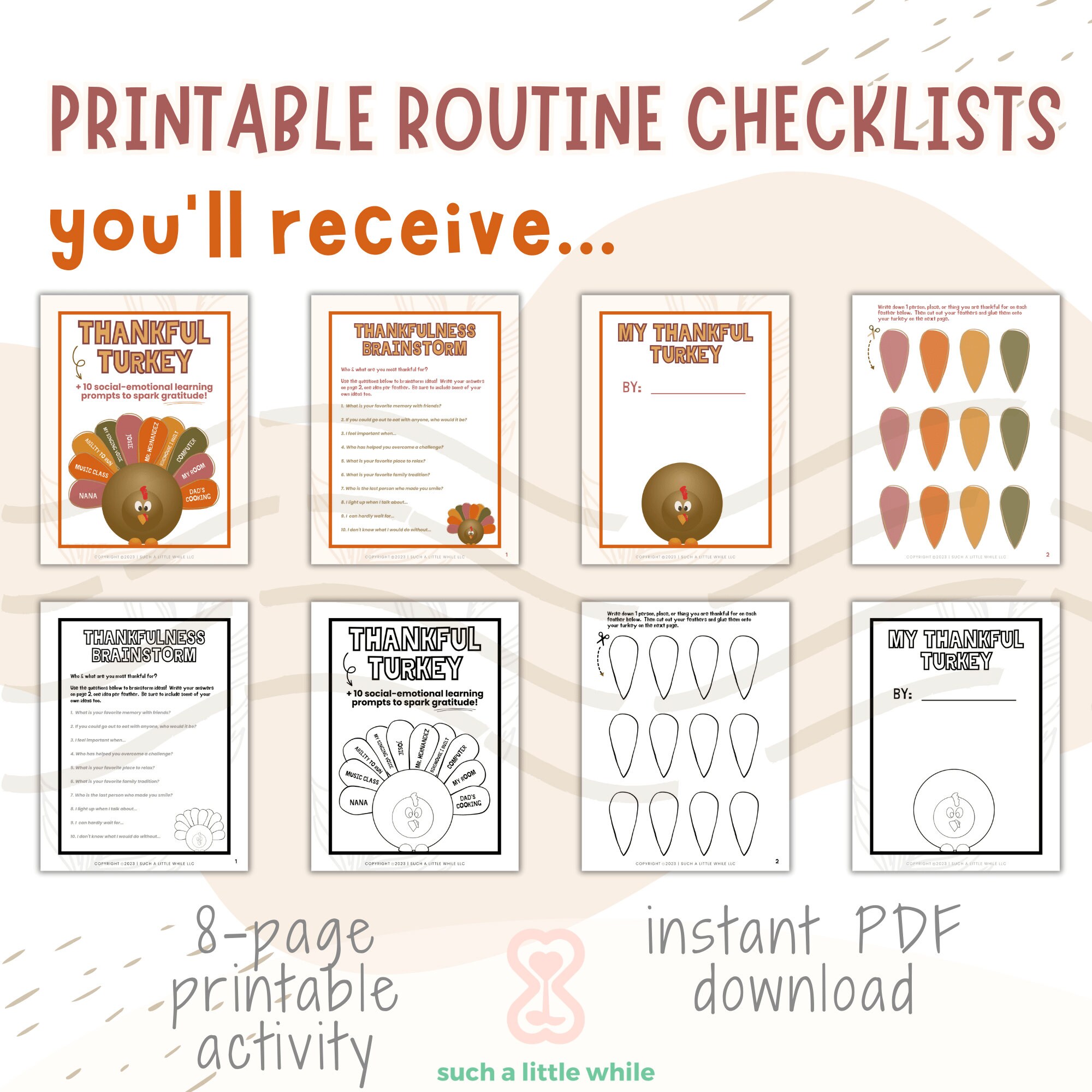 Thankful Turkey Printable Activity Kit PDF With Thanksgiving Gratitude ...