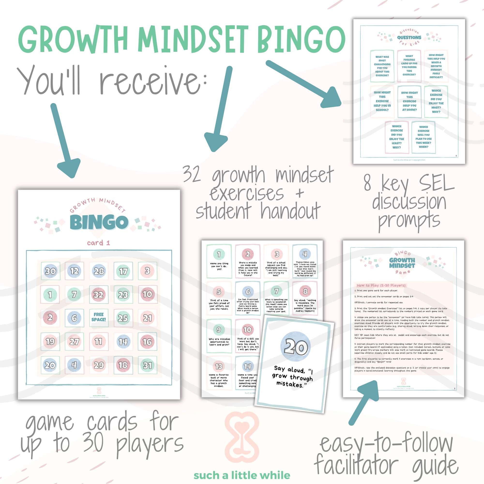 Growth Mindset Activity for Students PDF | BINGO Game | SEL Game Cards ...