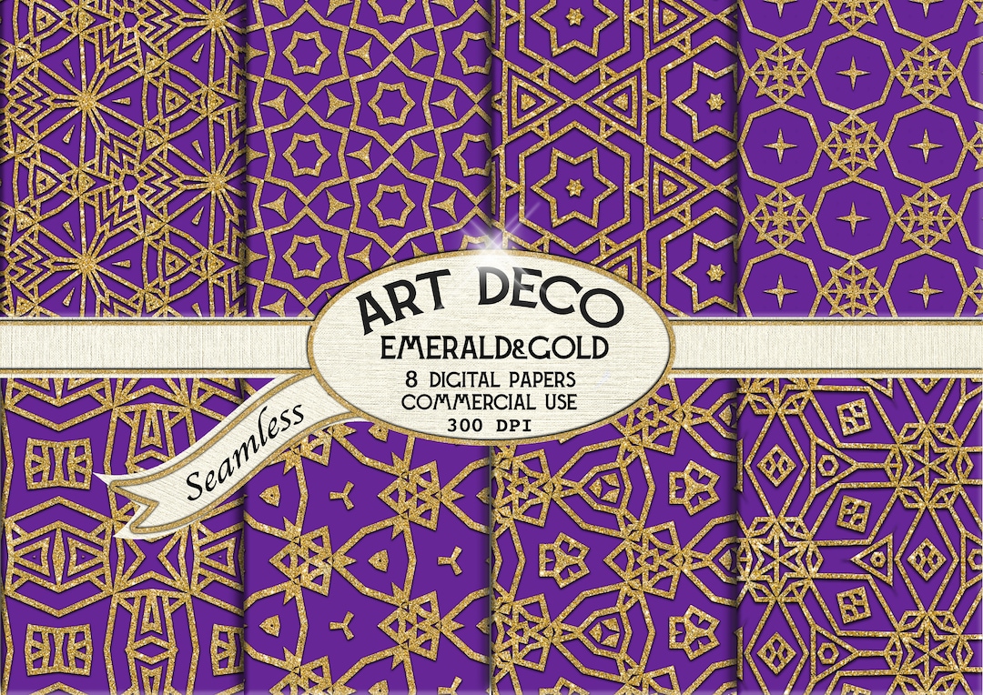 Art Deco Digital Paper, Seamless Retro Art Deco Patterns in Purple and ...