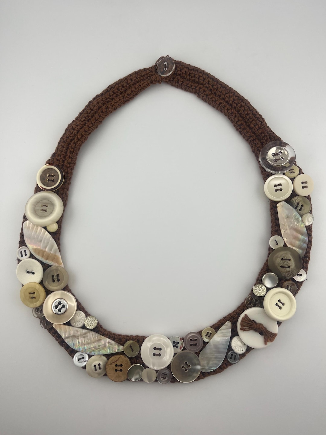 Handmade Brown Crocheted Necklace With Buttons & Shell Accents ...