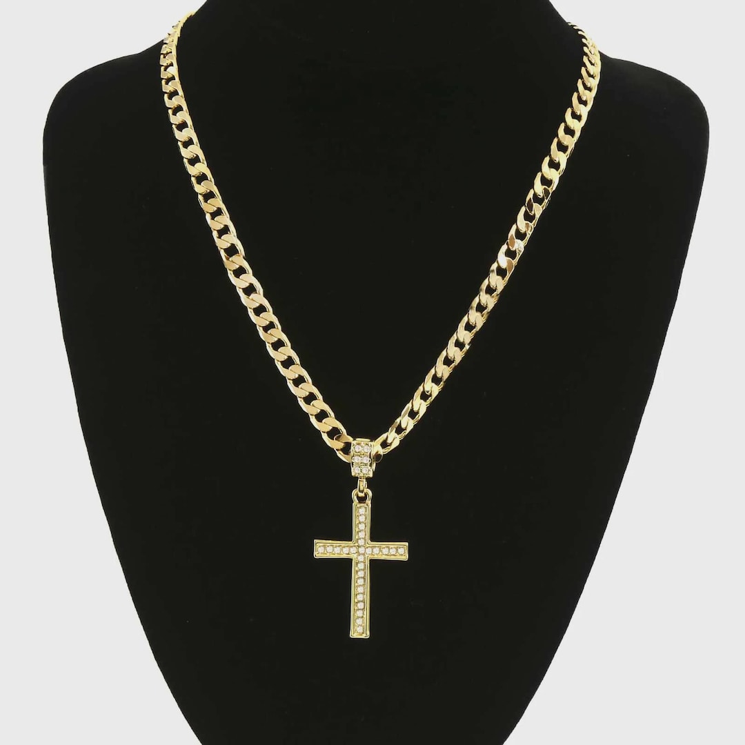 14k Men's Diamond Studded Cross Yellow 6mm 24" Cuban Necklace - Etsy