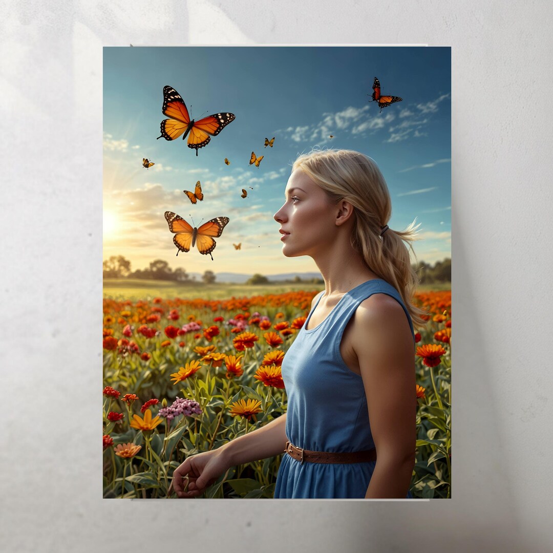 Girl With Monarch Butterfly Digital Print, PNG Wall Art Home Decor ...