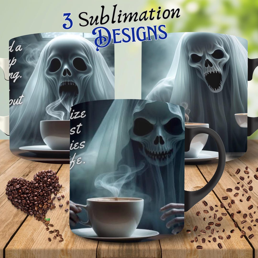 3 Horror Spooky Ghost Drinking Coffee With Funny Captions Halloween Mug ...