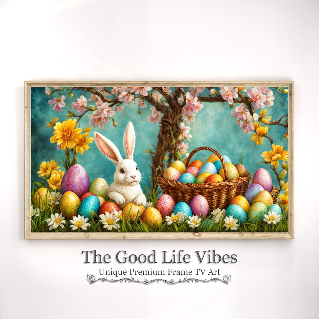 Easter Bunny and Eggs Vintage Oil Painting Soft Pastels Flowers Basket ...