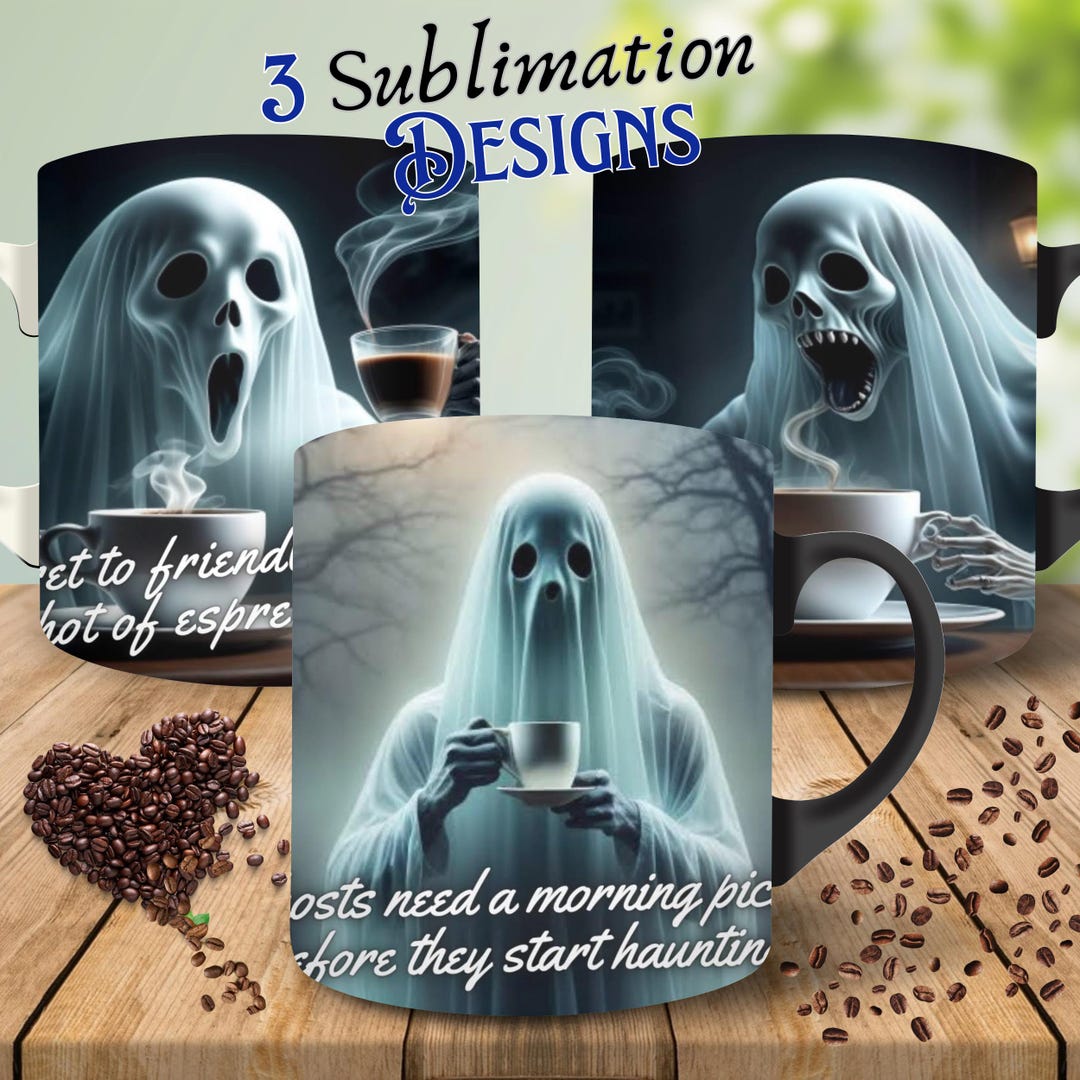 3 Horror Spooky Ghost Drinking Coffee With Funny Captions Halloween Mug ...