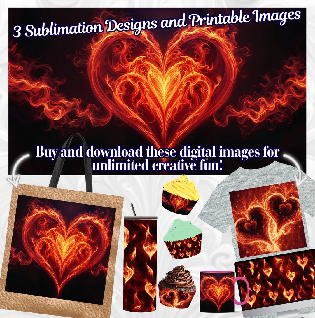 Flaming Heart on Fire Love Sublimation Designs Tumbler Wrap Tote Bag ...