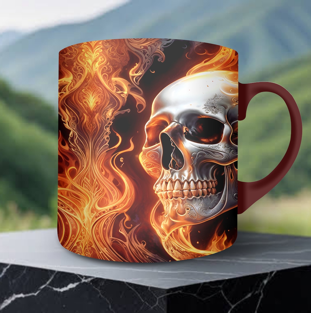 Flaming Silver Skull Gothic Halloween, Goth Horror Coffee Mug Wrap ...