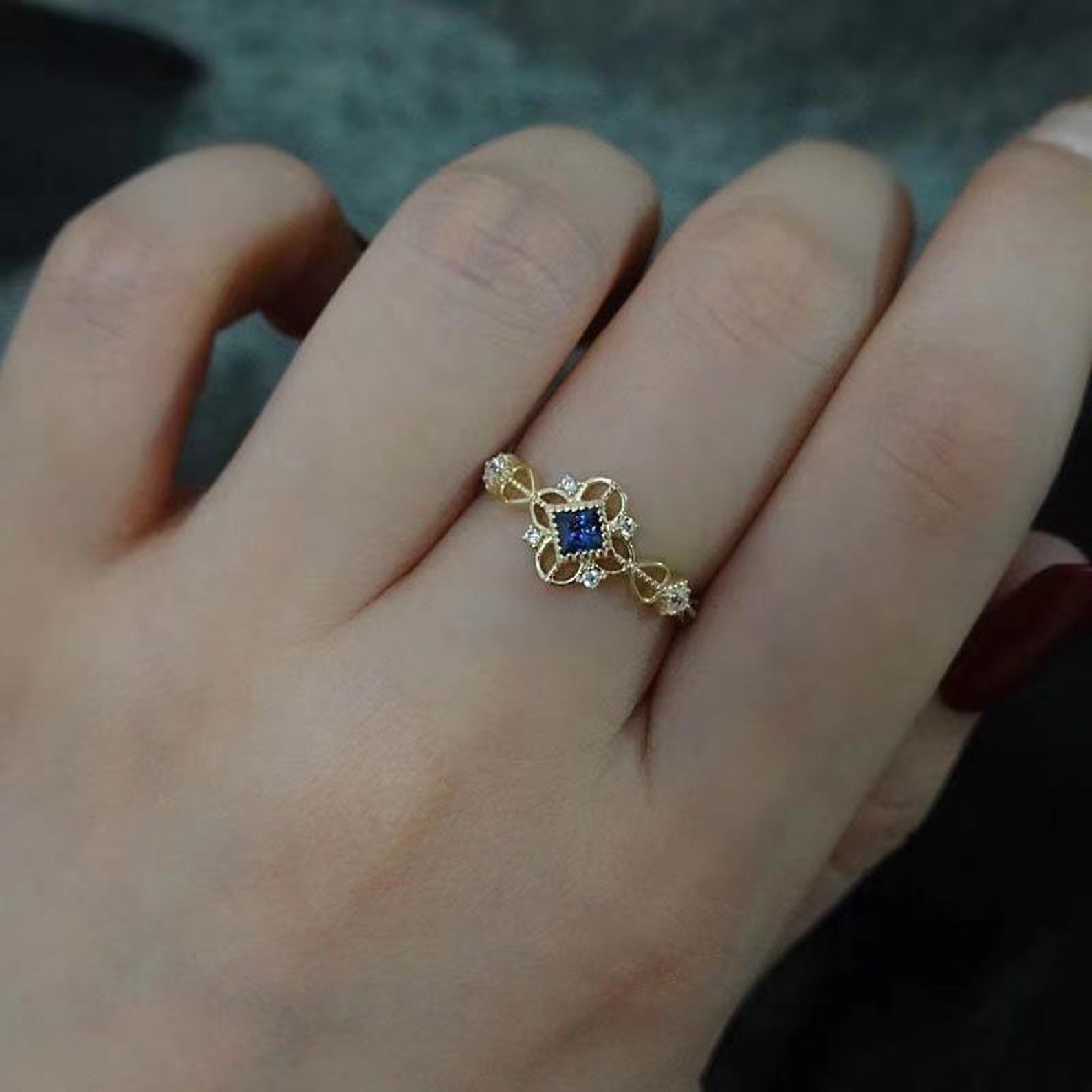 14K Gold Vintage Minimalist Sapphire Engagement Ring for - Etsy