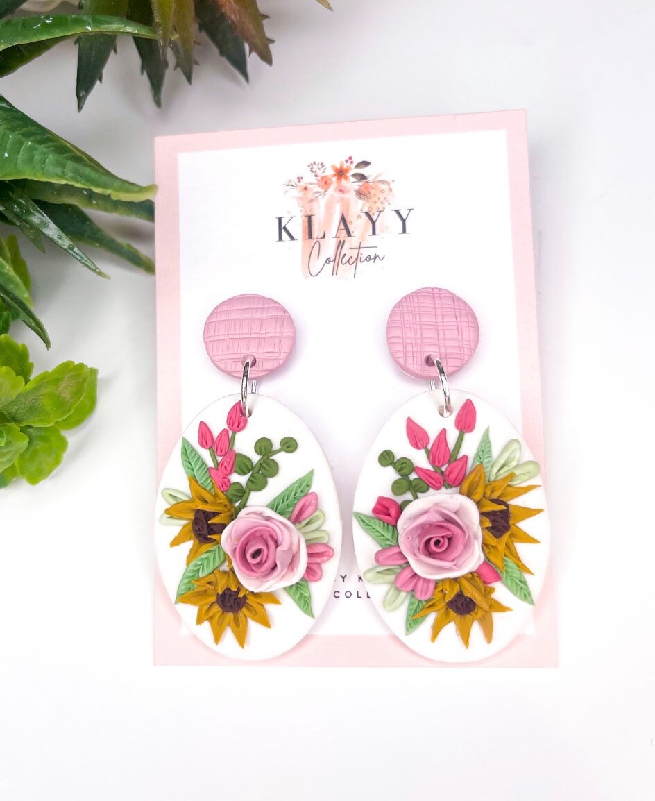 Windswept Sunflower With Pink Rose Detail Polymer Clay Earrings Floral ...