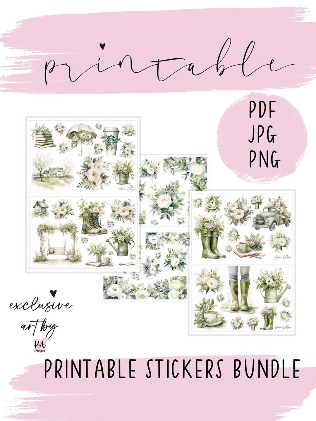 Green Summer Printable Stickers Bundle, Green Summer Printable Planner ...