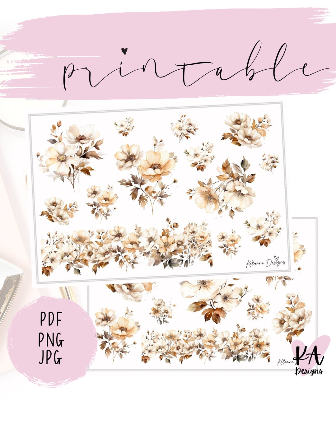 Neutral Floral Deco Printable Stickers, Pretty Floral Printable Sticker ...