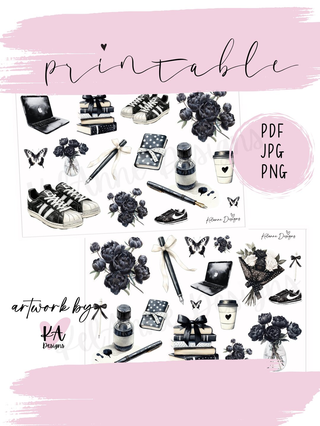 Monochrome Printable Deco Stickers, Black and White Printable Stickers ...