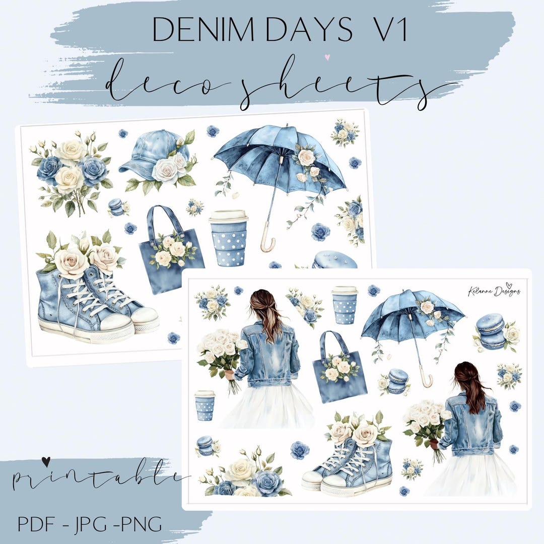 Denim Days Planner Stickers: V.1 Printable Deco Stickers (PDF, JPG, PNG ...