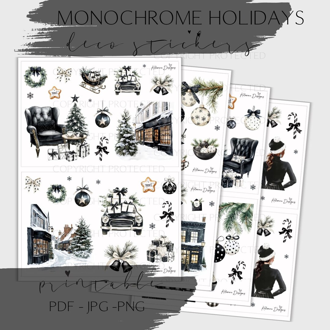 Monochrome Holidays Printable Sticker Bundle, Printable Holiday Sticker ...